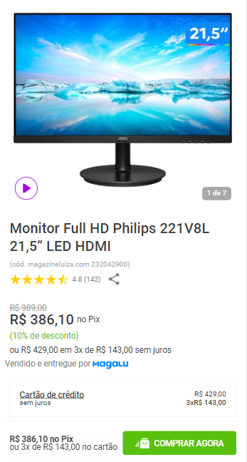 Monitor Full HD Philips 221V8L 21,5” LED HDMI - VGA - Canaltech Ofertas