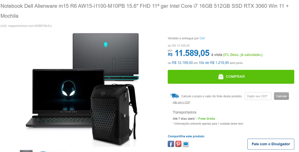 Notebook Dell Alienware m15 R6 AW15-i1100-M10PB 15.6" FHD 11ª ger Intel ...