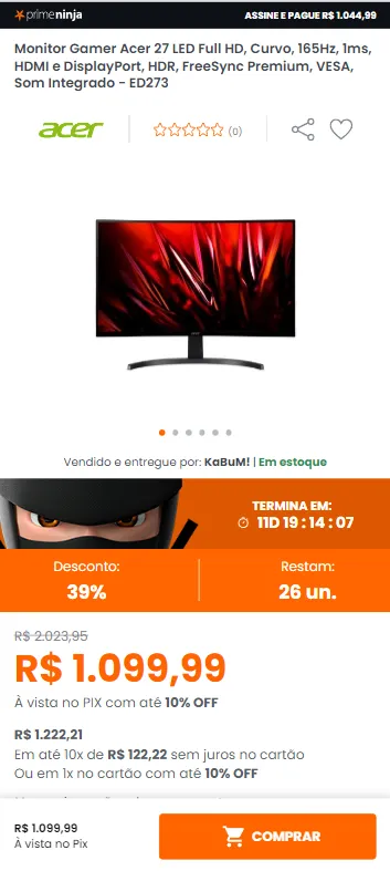 Monitor Gamer Acer 27 LED Full HD, Curvo, 165Hz, 1ms, HDMI e ...
