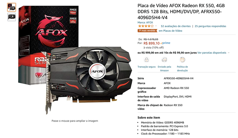 Placa de Vídeo AFOX Radeon RX 550, 4GB DDR5 128 Bits, HDMI/DVI/DP ...