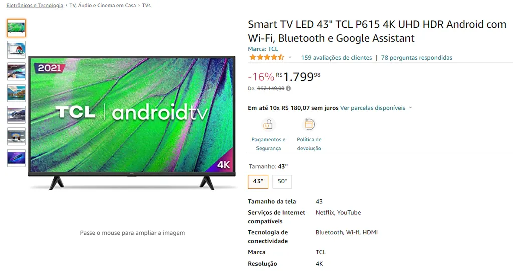 Smart TV LED 43" TCL P615 4K UHD HDR Android com Wi-Fi, Bluetooth e ...
