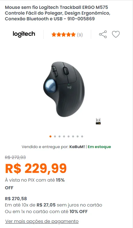 Mouse sem fio Logitech Trackball ERGO M575 Controle Fácil do Polegar, Design Ergonômico, Conexão ...