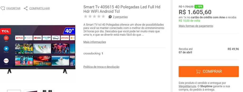 Smart Tv 40S615 40 Polegadas Led Full Hd Hdr WiFi Android TCL ...