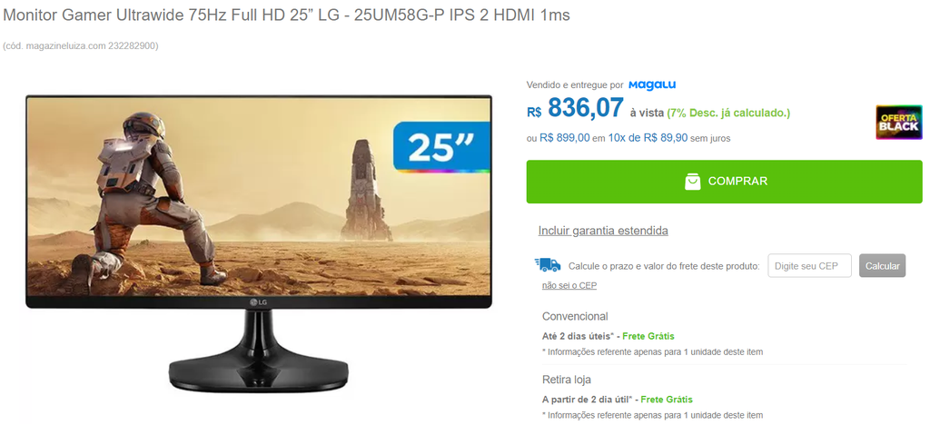 Monitor Gamer Ultrawide 75Hz Full HD 25” LG - 25UM58G-P IPS 2 HDMI 1ms - Canaltech Ofertas