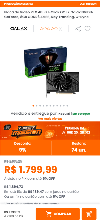 Placa de Vídeo RTX 4060 1-Click OC 1X Galax NVIDIA GeForce, 8GB GDDR6, DLSS, Ray Trancing, G ...