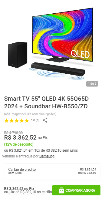 Smart TV 55" QLED 4K 55Q65D 2024 + Soundbar HW-B550/ZD - Samsung ...