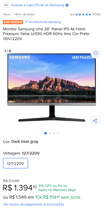 Monitor Samsung UHD 28'' Painel IPS 4K HDMI Freesync UR550 HDR 60Hz 4ms ...