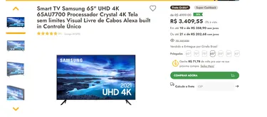 Smart TV Samsung 65" UHD 4K 65AU7700 Processador Crystal 4K Tela sem ...
