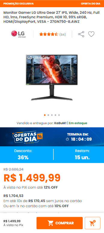 Monitor Gamer LG Ultra Gear 27' IPS, Wide, 240 Hz, Full HD, 1ms ...