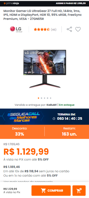 Monitor Gamer LG UltraGear 27 Full HD, 144Hz, 1ms, IPS, HDMI e ...