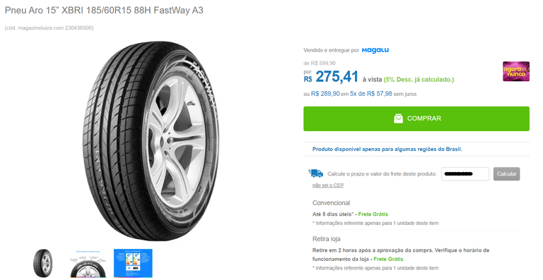 Pneu Aro 15” XBRI 185/60R15 88H FastWay A3 50648 - Canaltech Ofertas