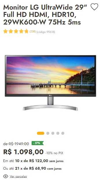 Monitor LG UltraWide 29" Full HD HDMI, HDR10, 29WK600-W 75Hz 5ms ...