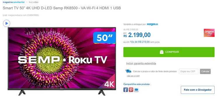 Smart TV 50” 4K UHD D-LED Semp RK8500 - VA Wi-Fi 4 HDMI 1 USB ...