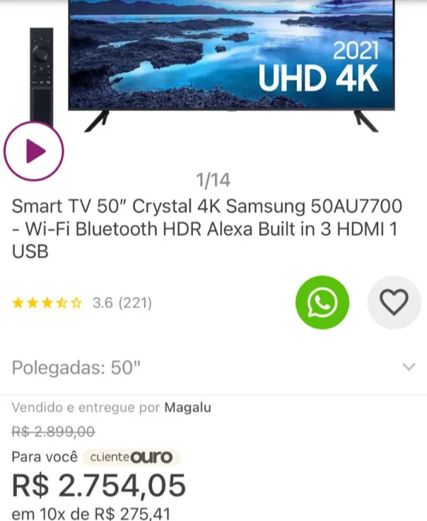 Smart TV 50” Crystal 4K Samsung 50AU7700 - Wi-Fi Bluetooth HDR Alexa ...