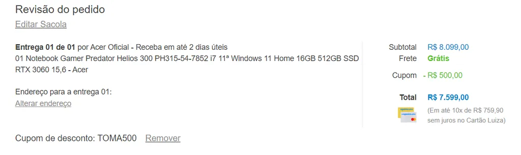 Notebook Gamer Predator Helios 300 PH315-54-7852 i7 11ª Windows 11 Home ...