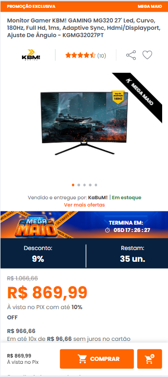 Monitor Gamer KBM! GAMING MG320 27' Led, Curvo, 180Hz, Full Hd, 1ms, Adaptive Sync, Hdmi ...