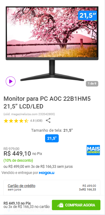 Monitor para PC AOC 22B1HM5 21,5” LCD/LED - Widescreen Full HD HDMI VGA ...