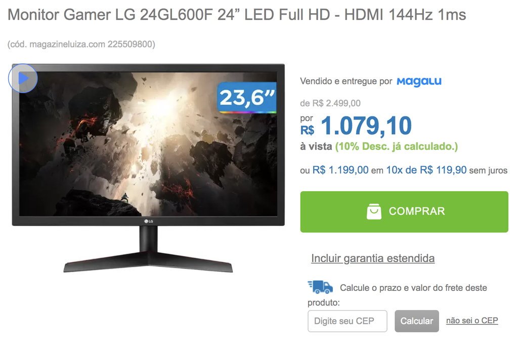 Monitor Gamer LG 24GL600F 24” LED Full HD - HDMI 144Hz 1ms - Canaltech ...