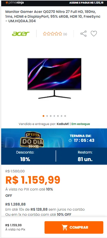 Monitor Gamer Acer QG270 Nitro 27 Full HD, 180Hz, 1ms, HDMI e ...