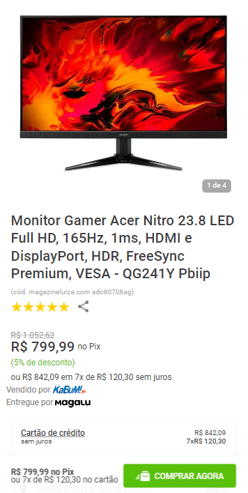 Monitor Gamer Acer Nitro 23.8 LED Full HD, 165Hz, 1ms, HDMI e ...