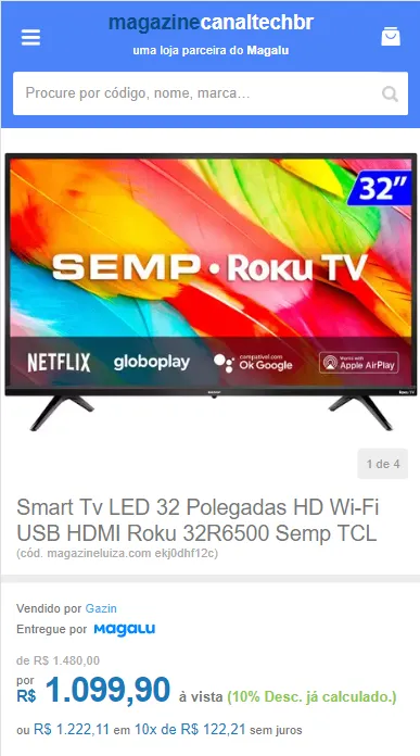 Smart Tv LED 32 Polegadas HD Wi-Fi USB HDMI Roku 32R6500 Semp TCL - Canaltech Ofertas