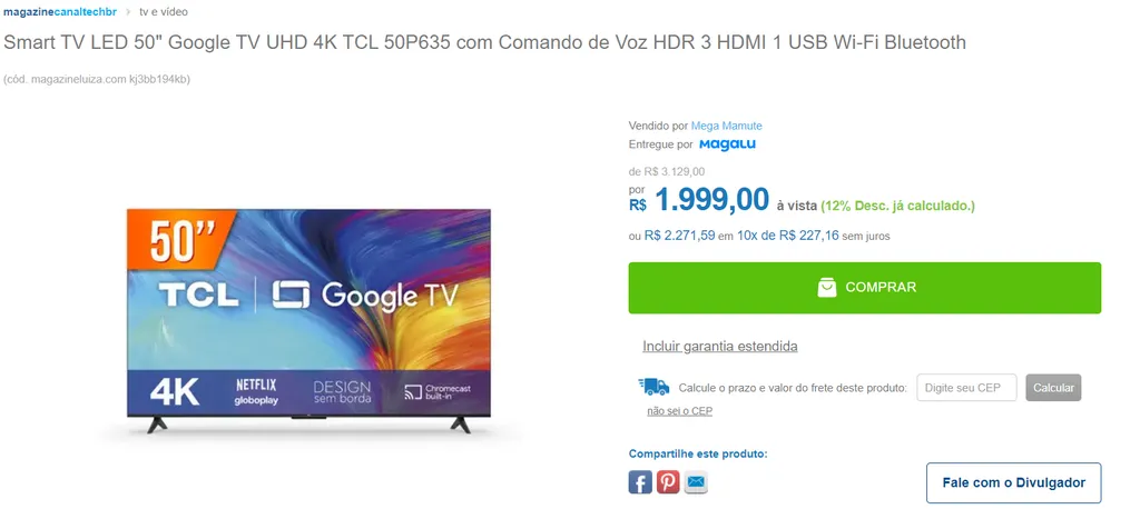 Smart TV LED 50" Google TV UHD 4K TCL 50P635 com Comando de Voz HDR 3 ...