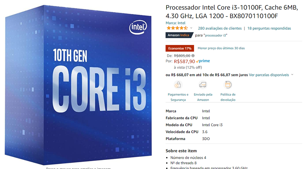 Processador Intel Core i3-10100F, Cache 6MB, 4.30 GHz, LGA 1200 - BX8070110100F - Canaltech Ofertas