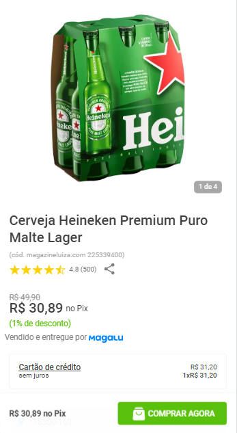 Cerveja Heineken Premium Puro Malte Lager Pilsen 6 Garrafas Long Neck