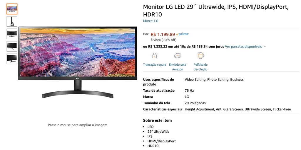 Monitor LG LED 29´ Ultrawide IPS HDMI/DisplayPort HDR10 - Canaltech Ofertas