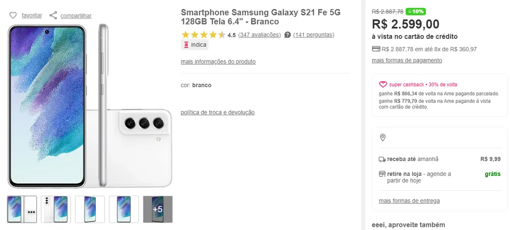 Smartphone Samsung Galaxy S21 Fe 5G 128GB Tela 6.4" - Branco [CASHBACK ...