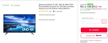 Samsung Smart Tv 58" Uhd 4k 58au7700, Processador Crystal 4k, Tela Sem ...