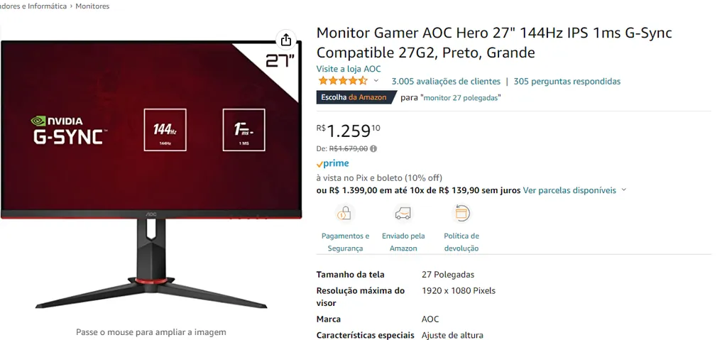 Monitor Gamer AOC Hero 27" 144Hz IPS 1ms G-Sync Compatible 27G2, Preto ...