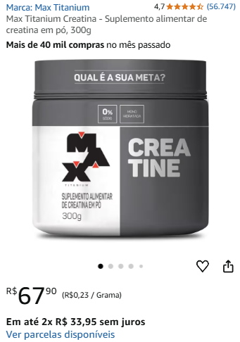 Max Titanium Creatina - Suplemento alimentar de creatina em pó, 300g - Canaltech Ofertas