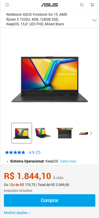 Notebook ASUS Vivobook Go 15, AMD Ryzen 3 7320U, 4GB, 128GB SSD, KeepOS ...