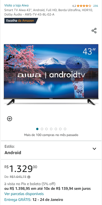 Smart TV Aiwa 43”, Android, Full HD, Borda Ultrafina, HDR10, Dolby ...