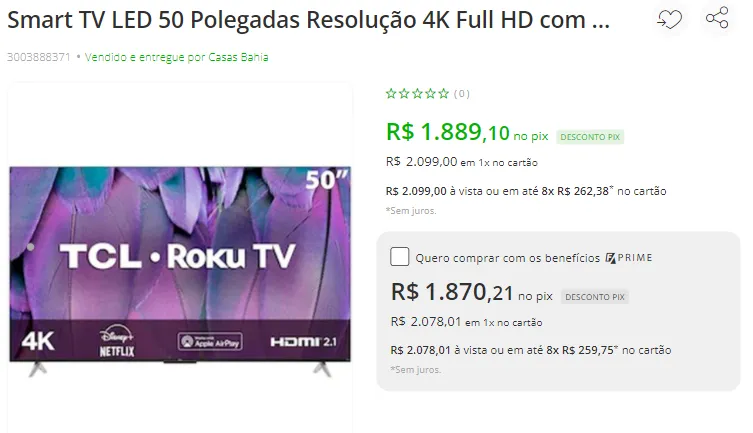 Smart TV LED 50 Polegadas Resolução 4K Full HD com 1 Entrada USB e 4 ...