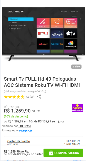 Smart TV FULL HD 43 Polegadas AOC Sistema Roku TV Wi-Fi HDMI - Canaltech Ofertas