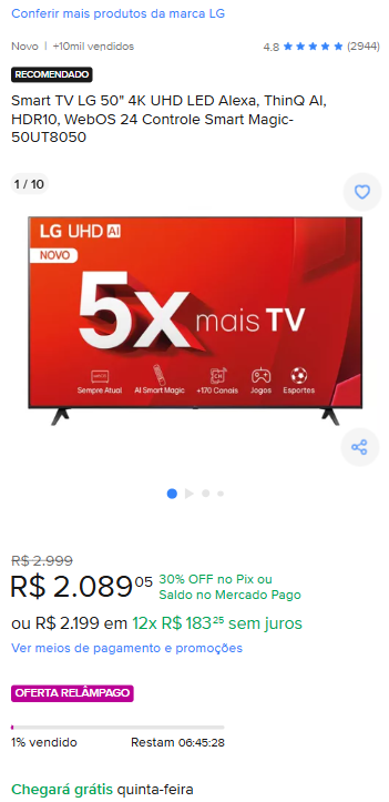 Smart TV LG 50" 4K UHD LED Alexa, ThinQ AI, HDR10, WebOS 24 Controle ...