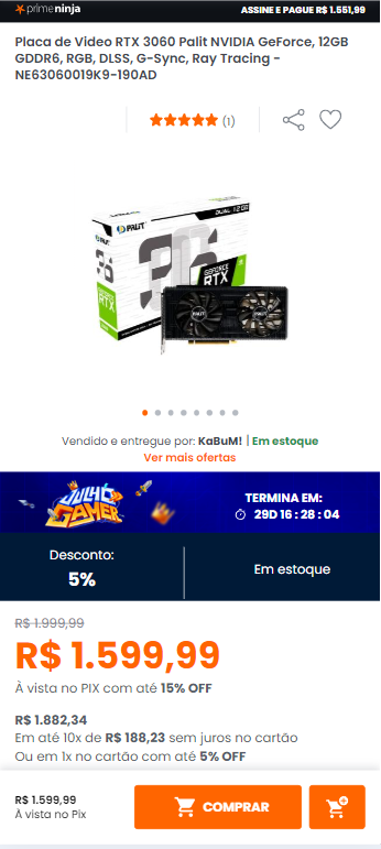 Placa de Video RTX 3060 Palit NVIDIA GeForce, 12GB GDDR6, RGB, DLSS, G-Sync, Ray Tracing ...