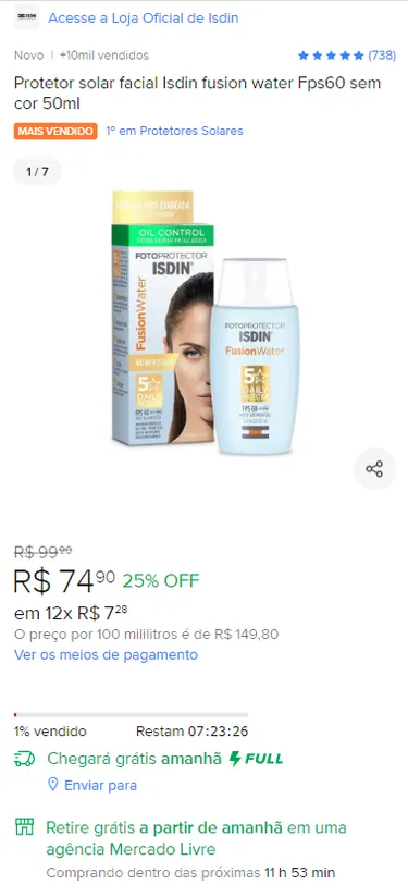 Protetor solar facial Isdin fusion water FPS 60, sem cor, 50ml - Canaltech Ofertas