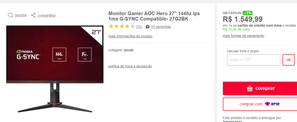 Monitor Gamer AOC Hero 27" 144hz Ips 1ms G-SYNC Compatible- 27G2BK ...
