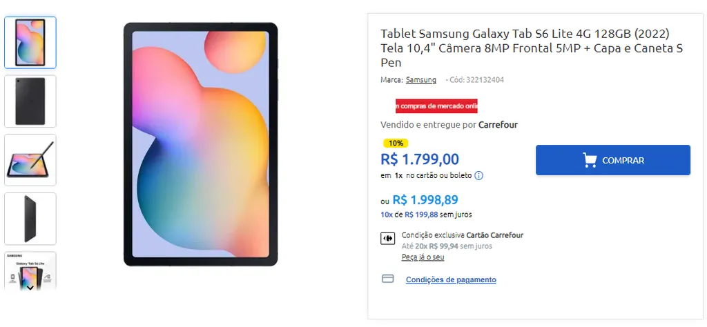 Tablet Samsung Galaxy Tab S6 Lite 4G 128GB (2022) Tela 10,4" Câmera 8MP ...