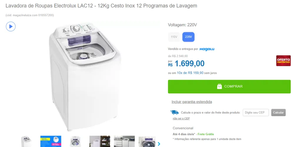 Lavadora de Roupas Electrolux LAC12 - 12Kg Cesto Inox 12 Programas de ...