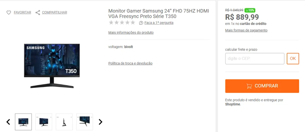Monitor Gamer Samsung 24” FHD 75HZ HDMI VGA Freesync Preto Série T350 ...