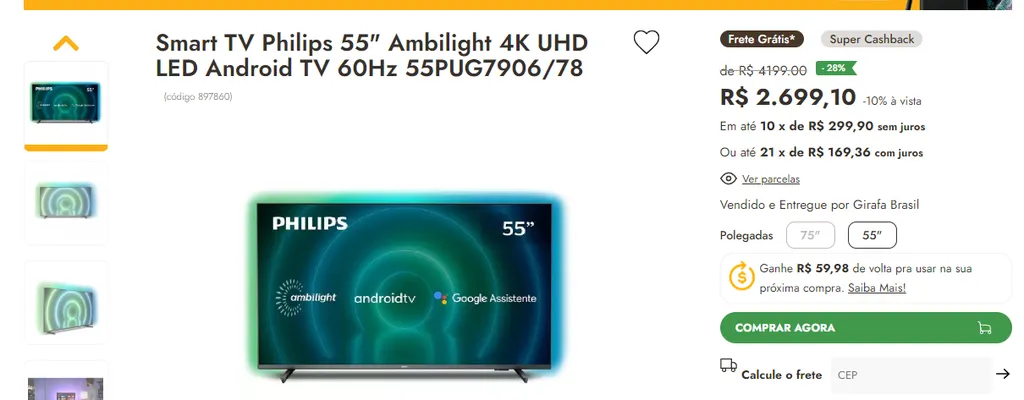 Smart TV Philips 55" Ambilight 4K UHD LED Android TV 60Hz 55PUG7906/78 ...