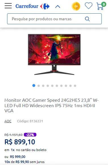Monitor AOC Gamer Speed 24G2HE5 23,8" W-LED Full HD Widescreen IPS 75Hz ...