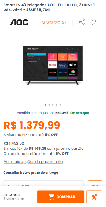 Smart TV 43 Polegadas AOC LED FULL HD, 3 HDMI, 1 USB, Wi-Fi - 43S5135/78G - Canaltech Ofertas
