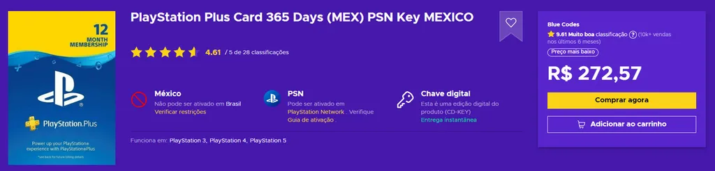 PlayStation Plus Card 365 Days (MEX) PSN Key MEXICO - Canaltech Ofertas