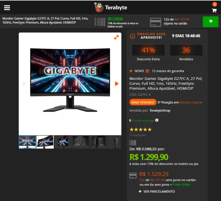 Monitor Gamer Gigabyte G27FC A, 27 Pol, Curvo, Full HD, 1ms, 165Hz ...