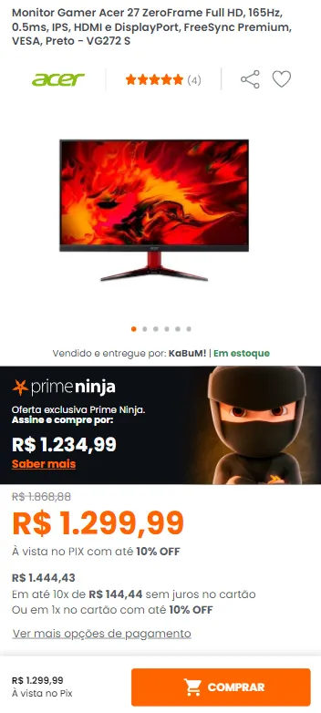 Monitor Gamer Acer 27 ZeroFrame Full HD, 165Hz, 0.5ms, IPS, HDMI e ...